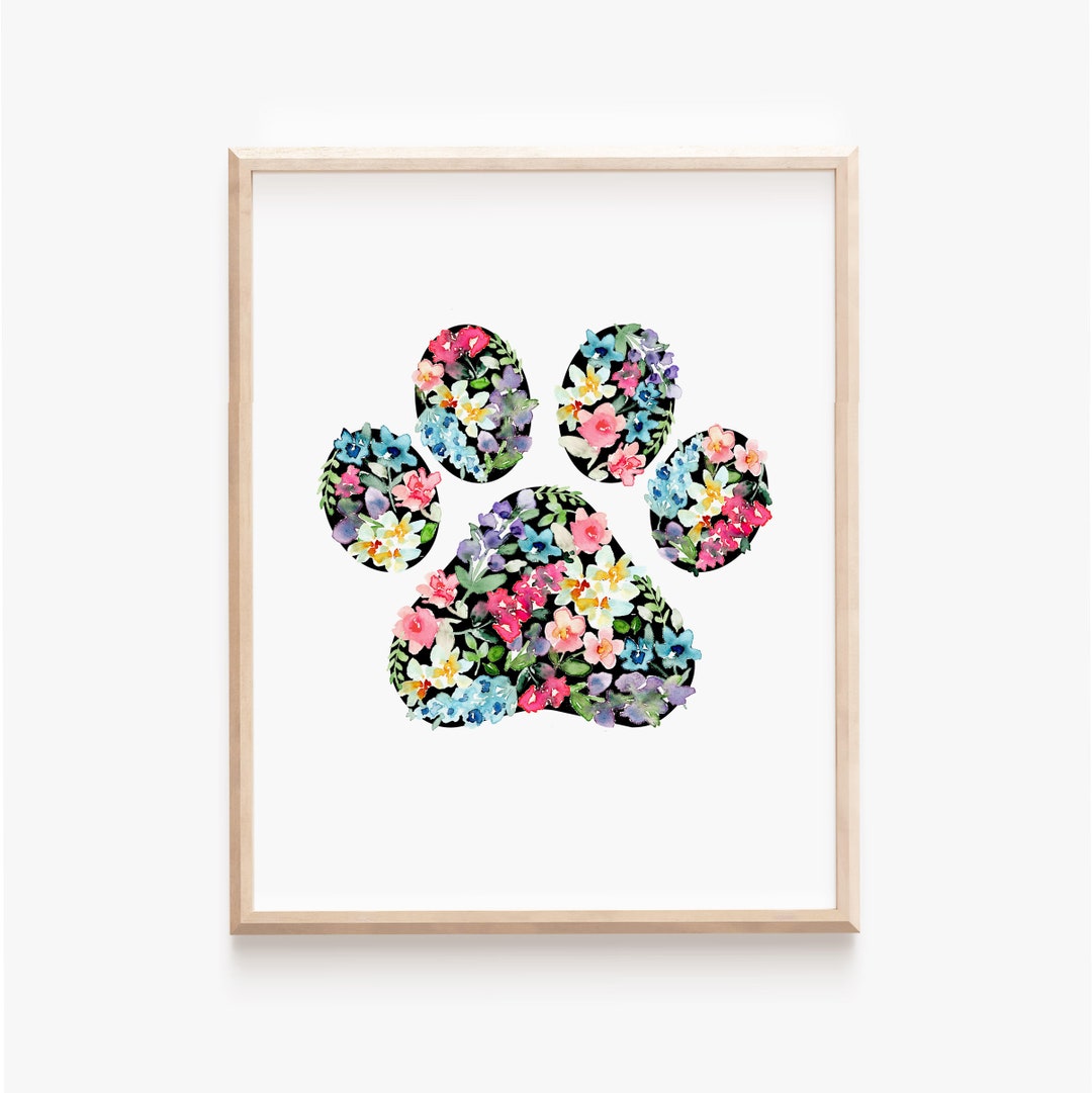 Floral Dog Paw Art Print, Colorful Wildflower Pet Decor, Watercolor ...