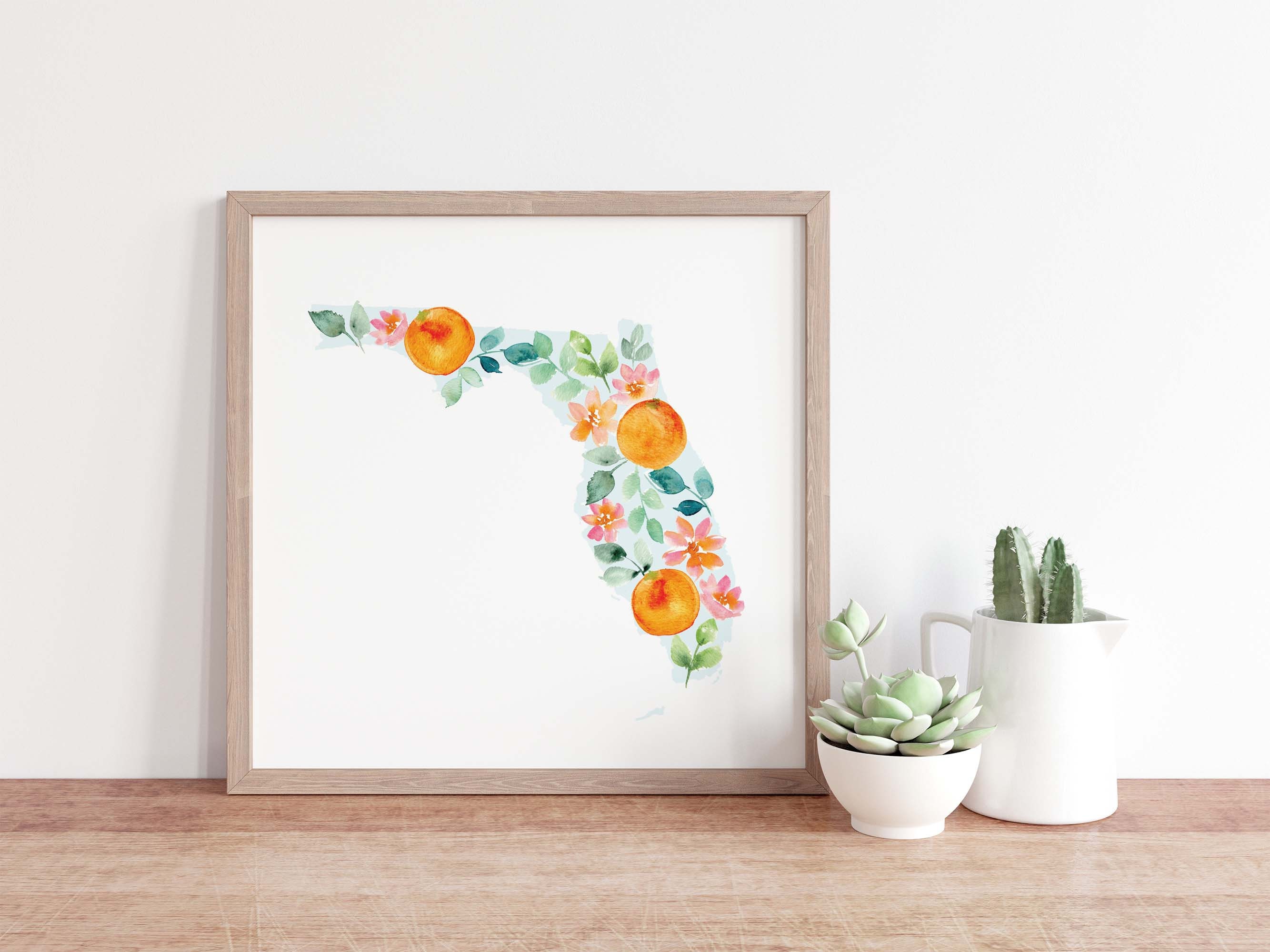 Florida Watercolor Art Print Florida State Wall Art Floral - Etsy
