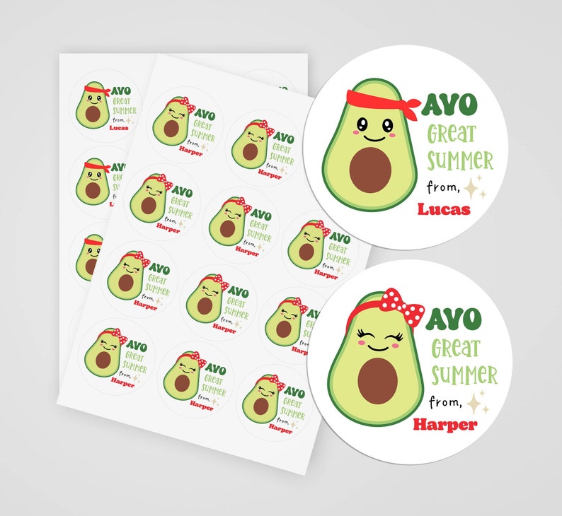 End of School Year Labels, Personalized Boy Girl Avocado Stickers ...