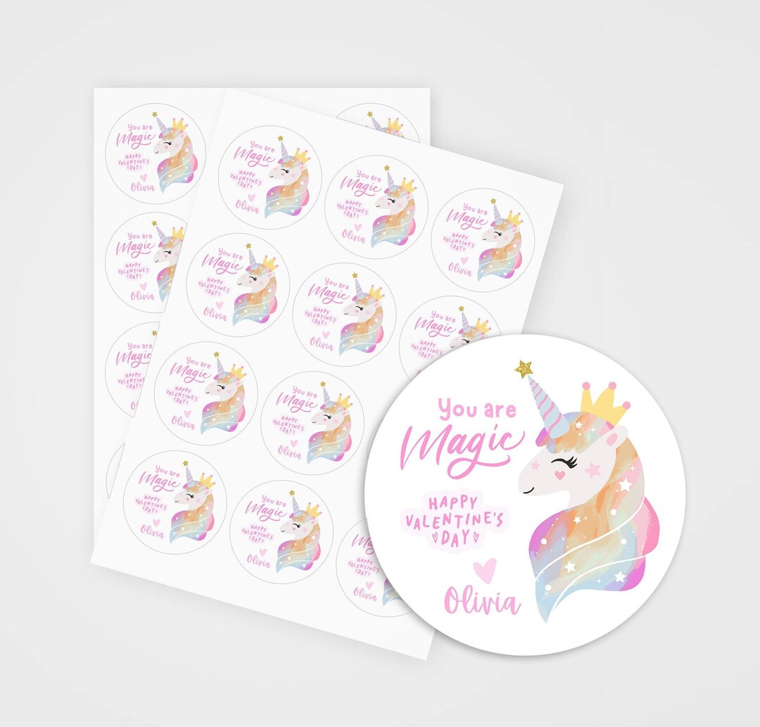 Unicorn Valentine Stickers, Personalized Kids Valentine's Day Tags ...