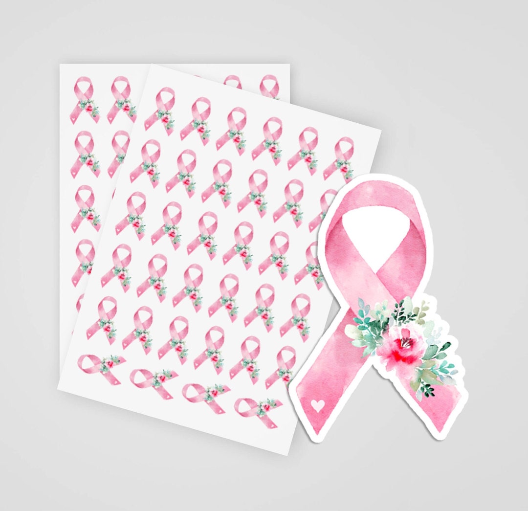 Pink Ribbon Breast Cancer Stickers, Watercolor Floral Seals, Breast ...