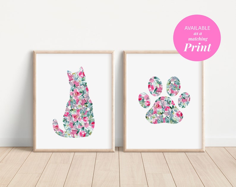 Pink Mint Floral Cat Art Print, Pastel Flower Pattern Pet Wall Art ...