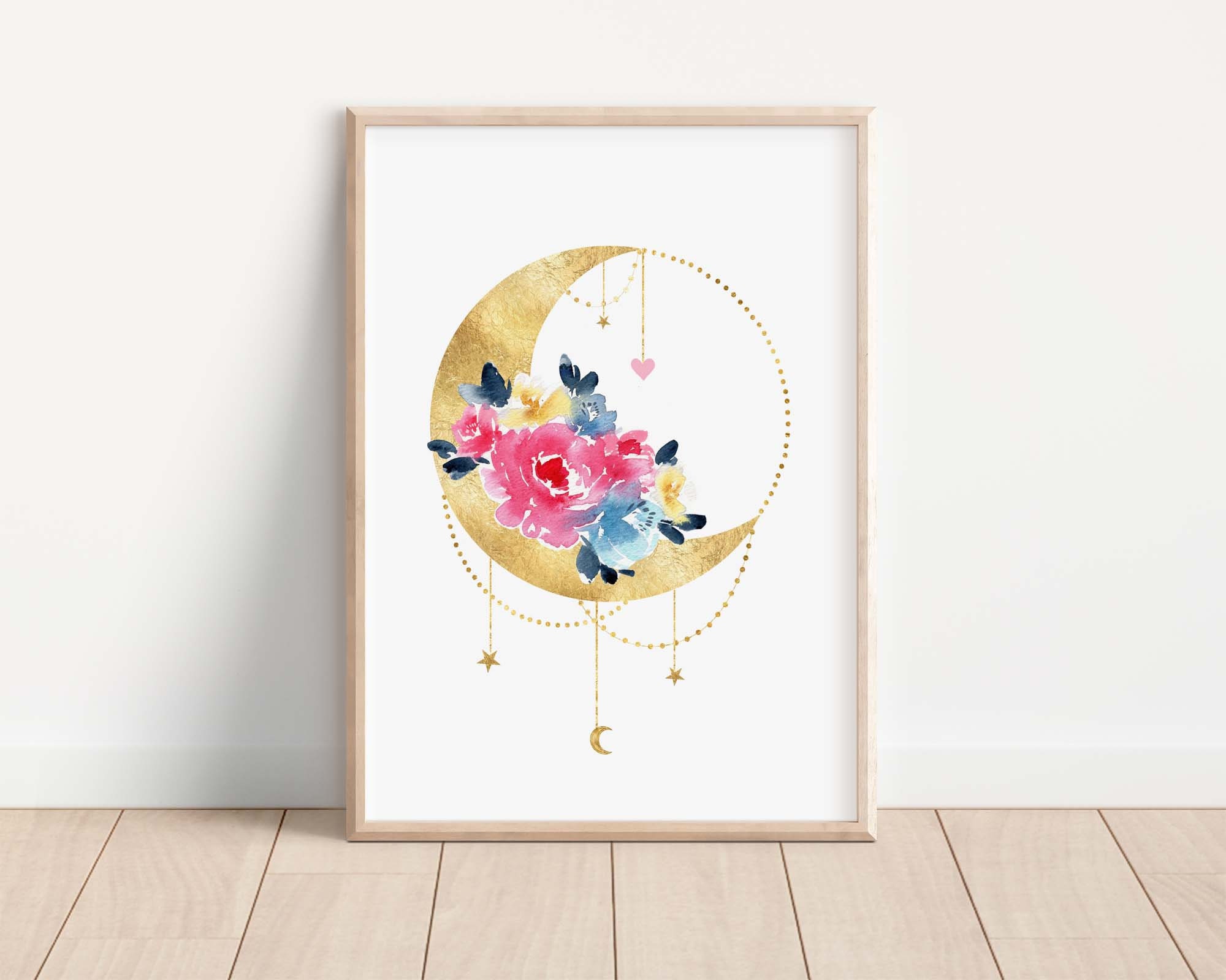 Gold Moon Print Crescent Moon Watercolor Art Flower Moon - Etsy
