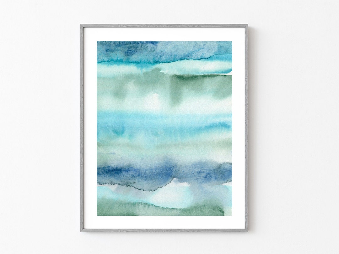 Ocean Abstract Watercolor Print, Blue Green Coastal Canvas, Sea Glass ...