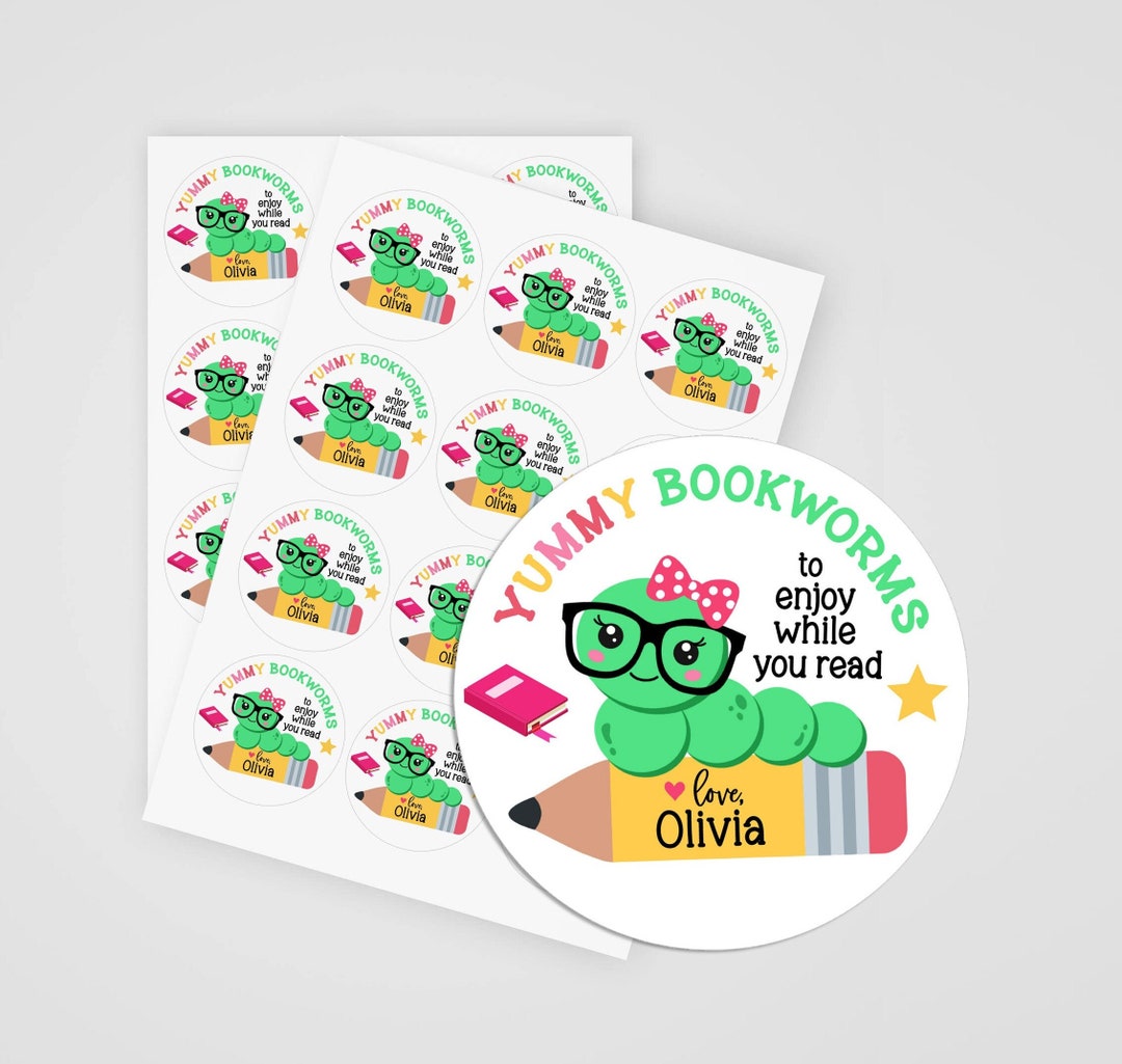 Bookworm Stickers With Name, Personalized Birthday Treat Bag Labels ...
