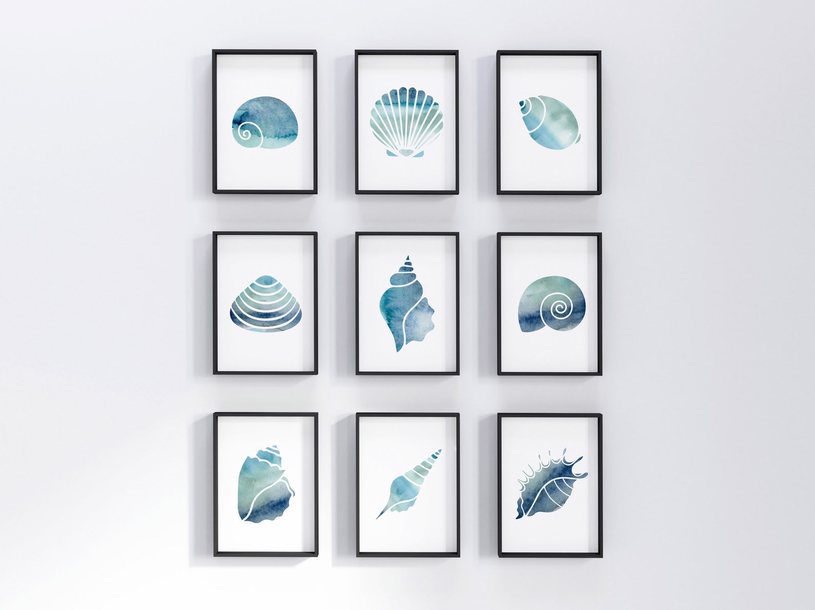 Blue Seashell Print Set of 9 Turquoise Watercolor Coastal - Etsy