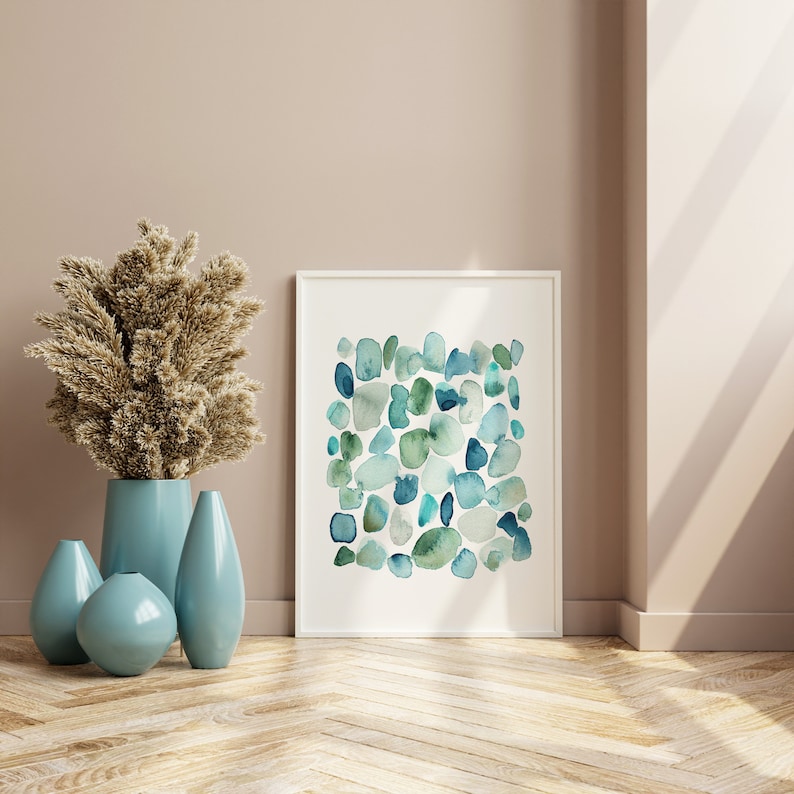 Sea Glass Abstract Art Print, Modern Coastal Wall Art, Blue Green Beach ...