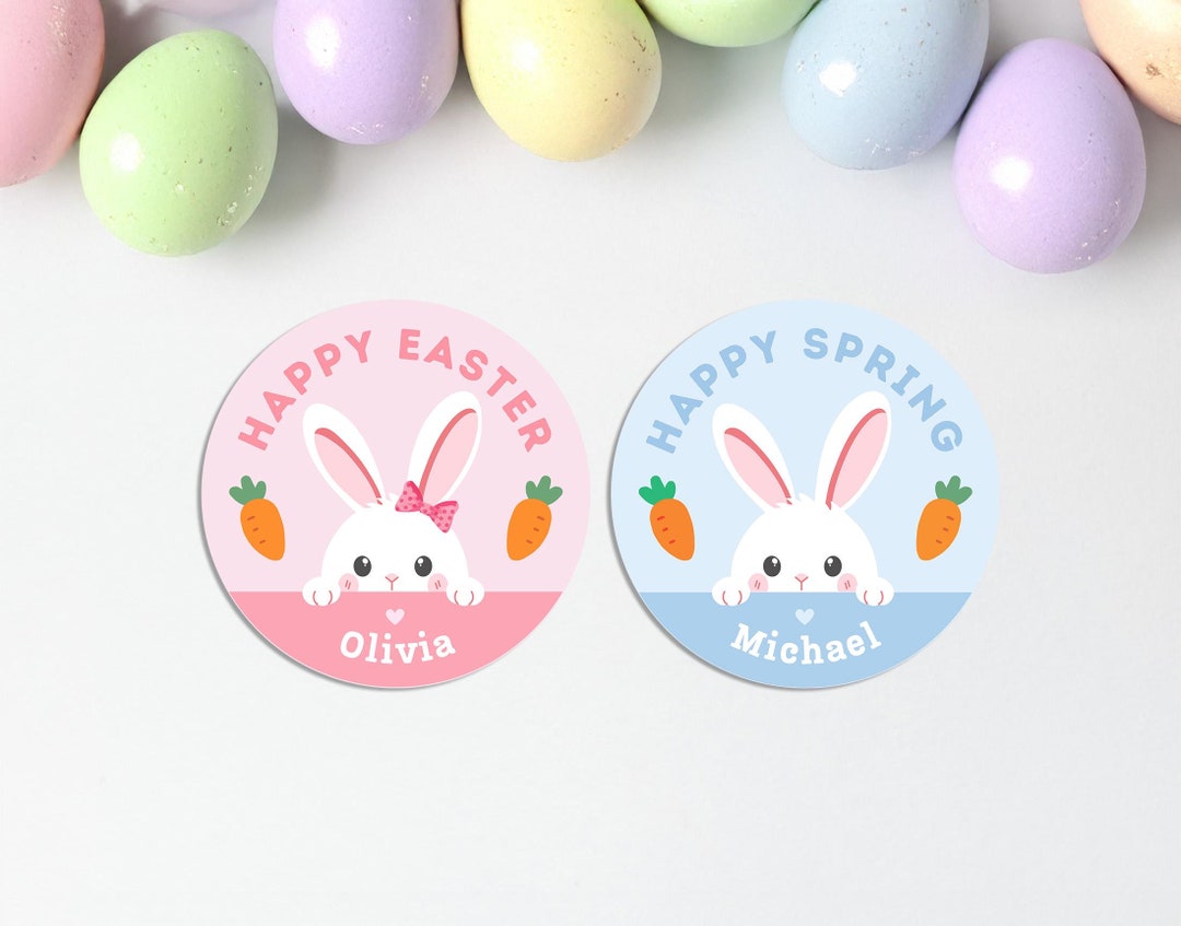 Personalized Easter Bunny Stickers, Happy Spring Labels for Treat Bags ...