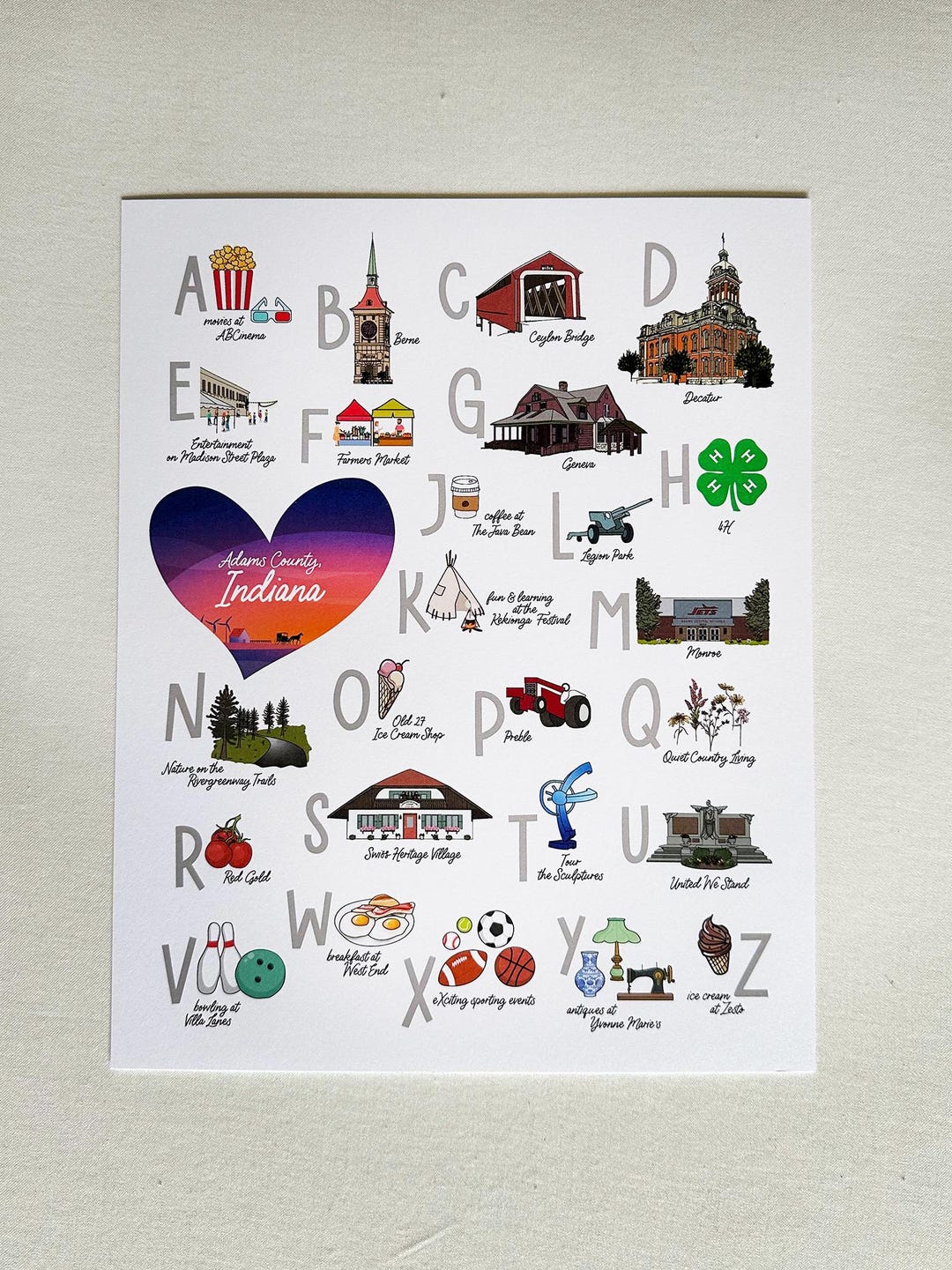 Abcs of Adams County Indiana Print, 8x10 Print, Decatur Indiana, Berne ...