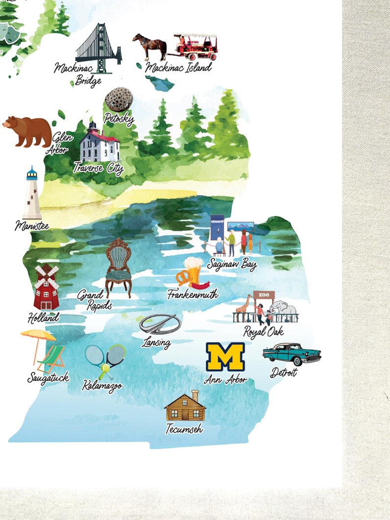 Michigan Landmarks Watercolor Map Art Print (8x10) - Etsy