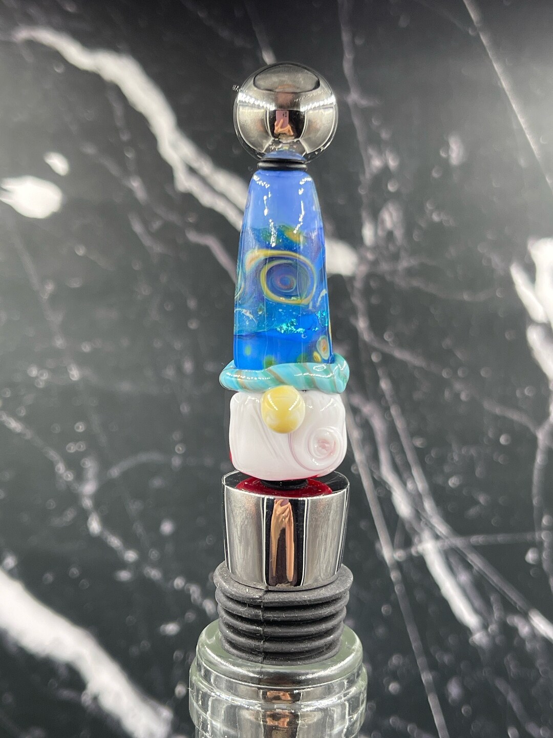 Handmade Lampwork Glass Gnome Beaded Wine Stopper, Artisan Stainless Steel Bottle Stopper, Wine ...