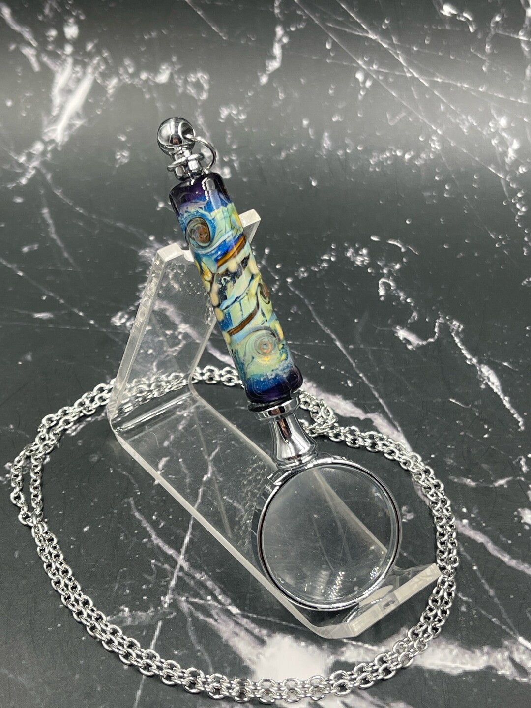 Handmade Blue Beige Teal Tone Magnifying Glass Necklace, Beaded Baby ...