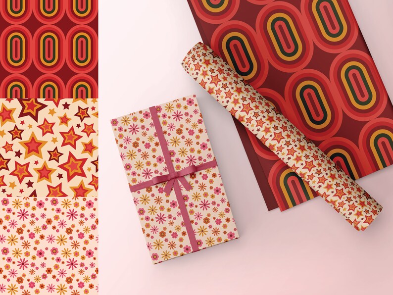 Groovy 70s Pattern Digital Paper Funky Retro Seventies Red, Pink and ...