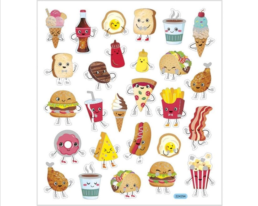 Cute Food Stickers Sheet: Fast Food Theme, Metallic Silver Sparkle ...