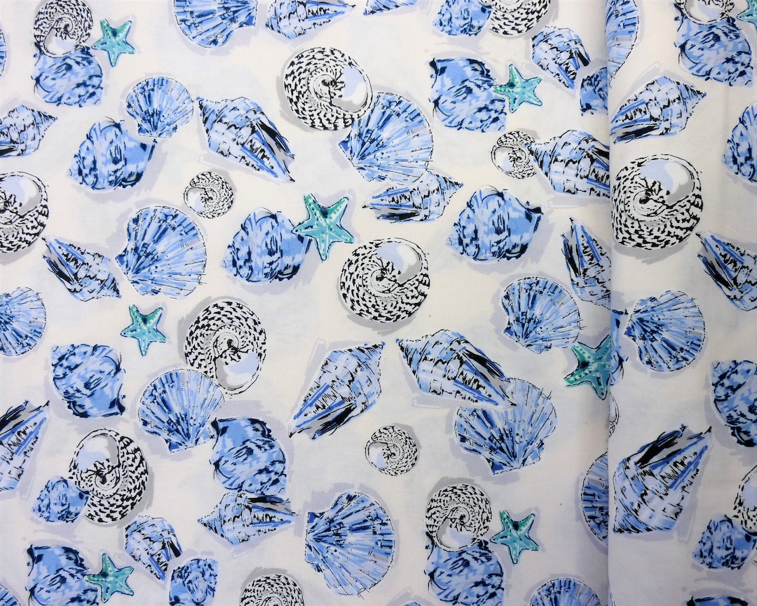 Sea Shell Fabric by the Half Metre, Summer Beach Theme Cotton Poplin ...