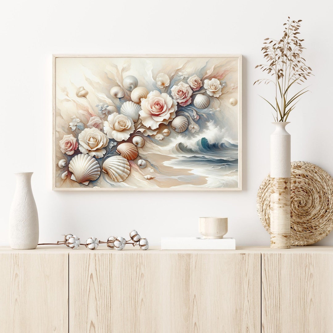Stunning SEASCAPE With Delicate ROSES and Shells on Sea Waves, Fantasy ...