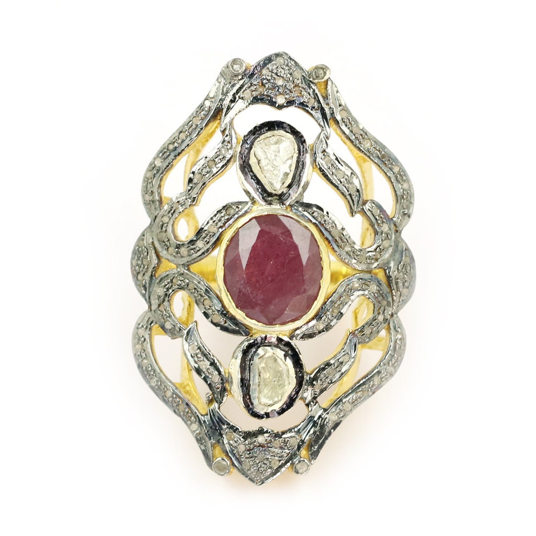 Ruby Single Cut Ring , Ruby Victorian Antique Look , Diamond Ruby Polki ...