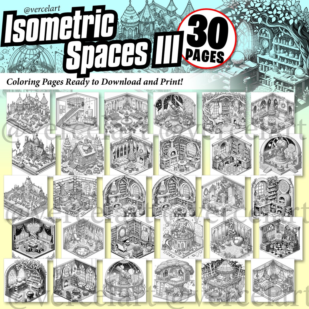 Isometric Coloring Pages Pt.3 More Rooms and Outdoor Spaces 30 ...