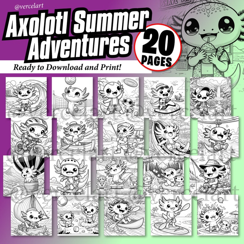 Summer Adventures Axolotl Coloring Pages for Kids and Adults. 20 PDF ...