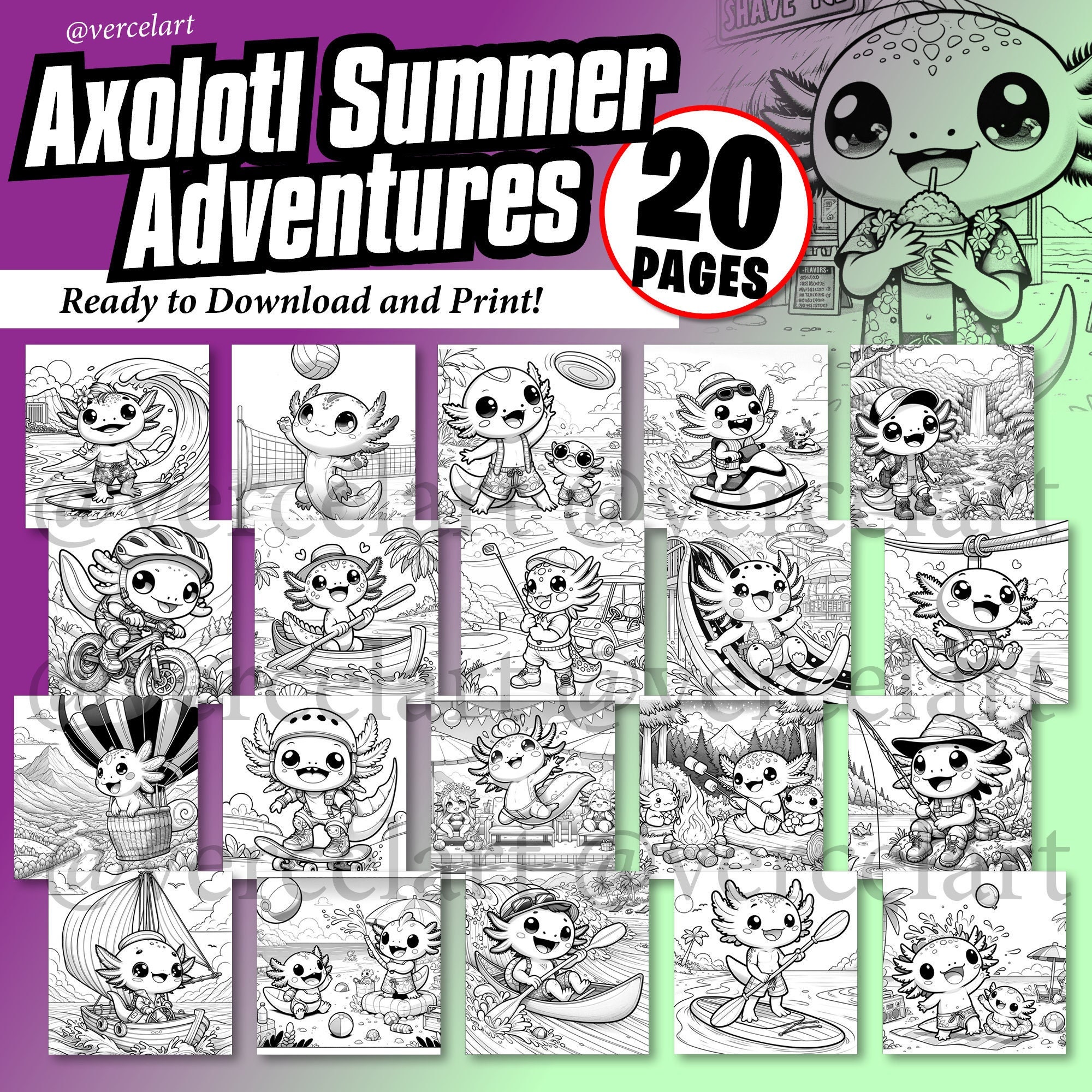 Summer Adventures Axolotl Coloring Pages for Kids and Adults. 20 PDF ...
