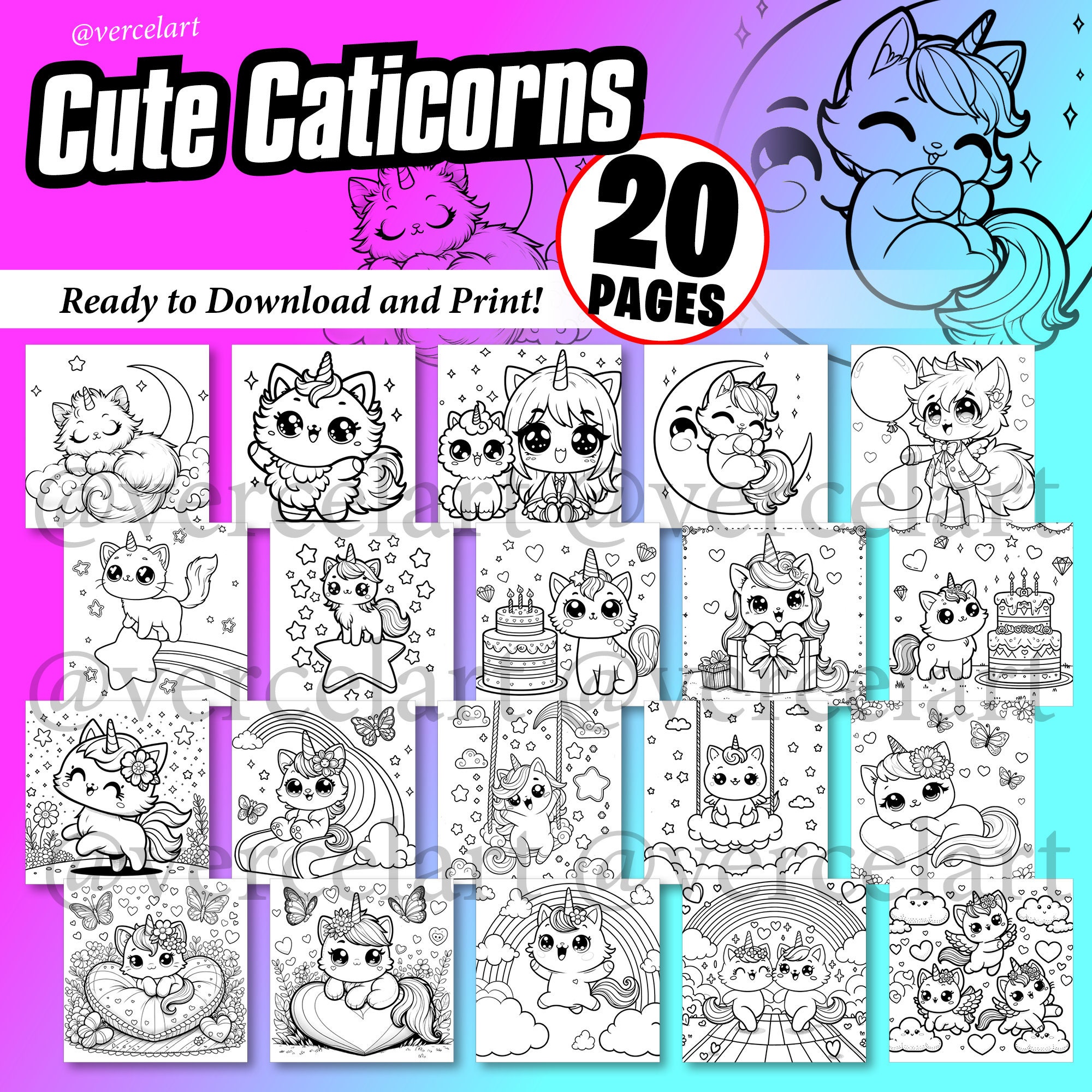 Caticorn Coloring Pages for Children and Adults. 20 PDF Pages Instant ...