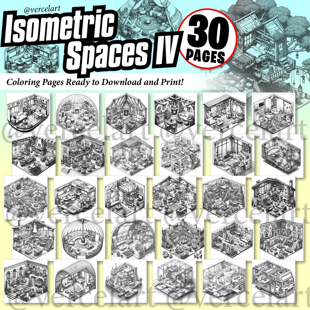 Isometric Coloring Pages for Adults Pt.4 - More Interior Spaces 30 ...