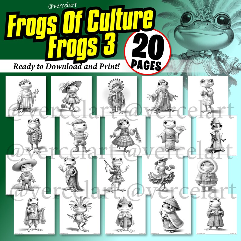 Frog Coloring Book Pages Pt.3 Cute Frogs of Culture for Adults. 20 PDF ...