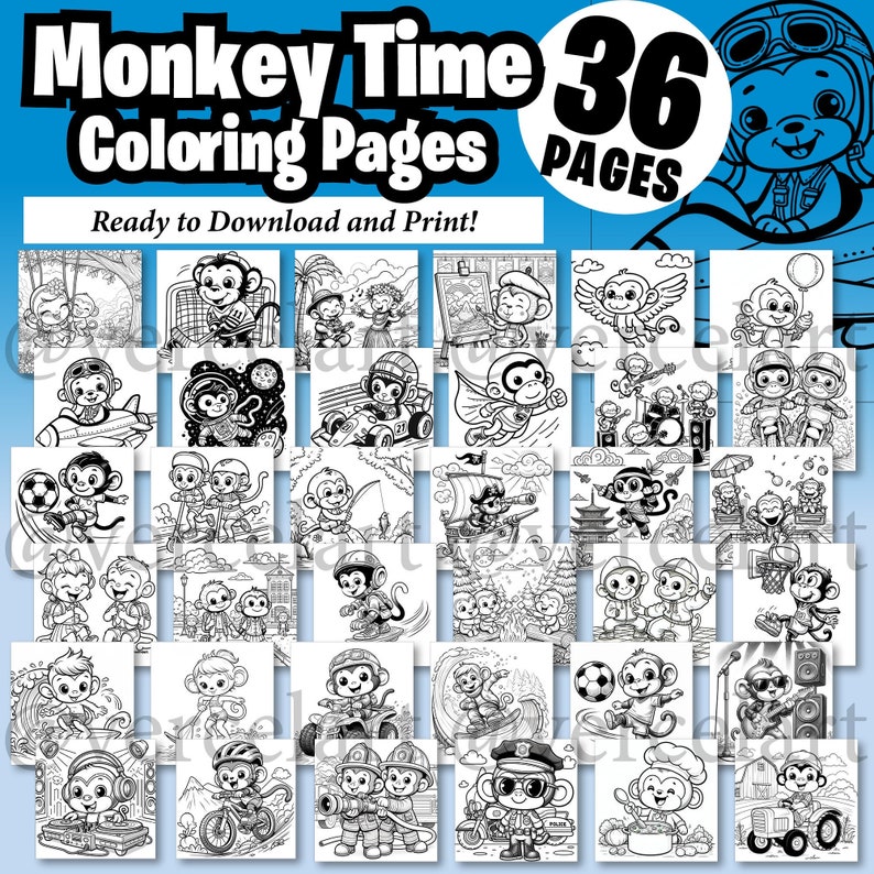 Monkey Time Coloring Pages for Kids and Adults. 36 Printable PDF ...