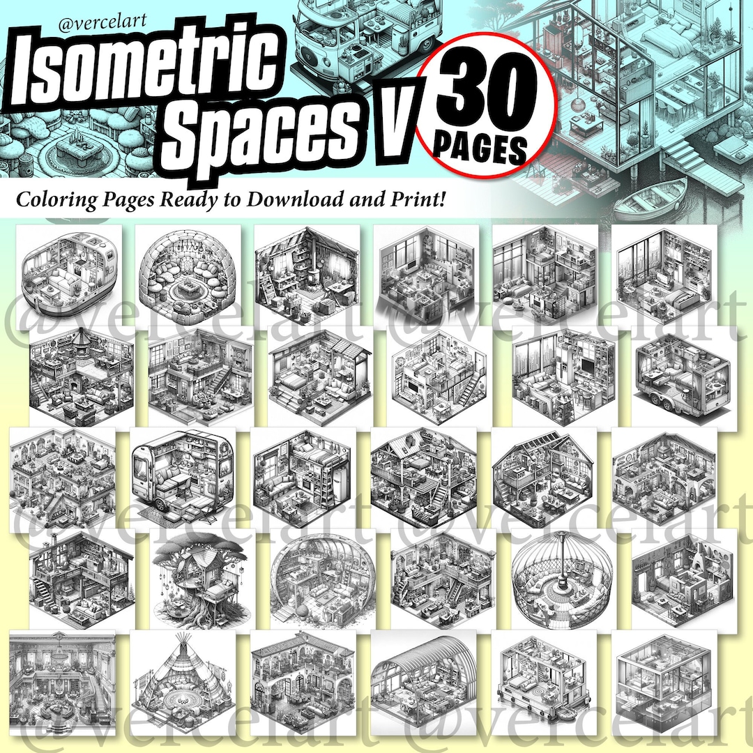 Isometric Coloring Pages for Adults Pt.5 - Interior Spaces 30 Instant ...