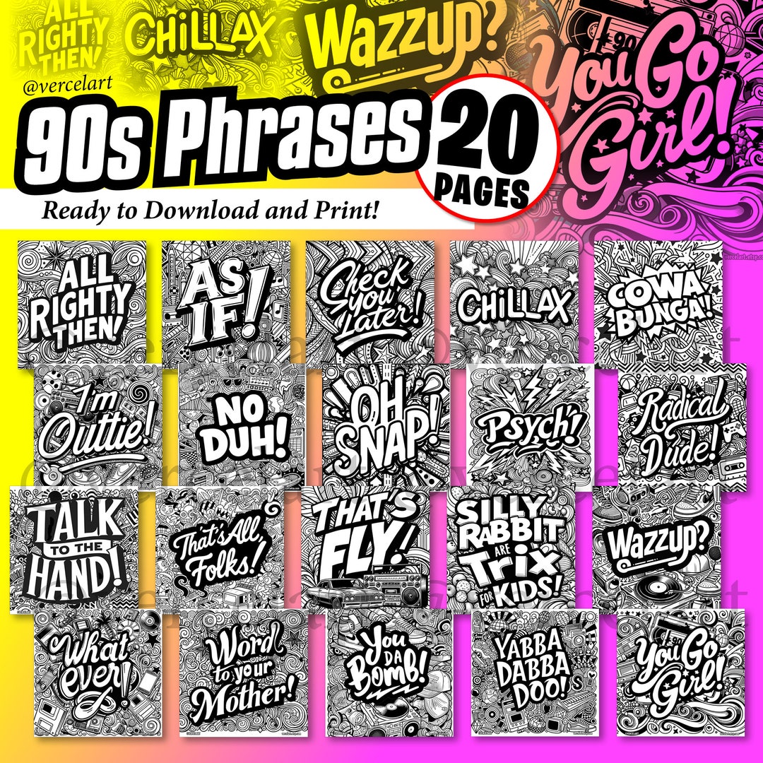 90s Coloring Pages of Totally Cool Phrases! for Adults. 20 PDF Pages ...