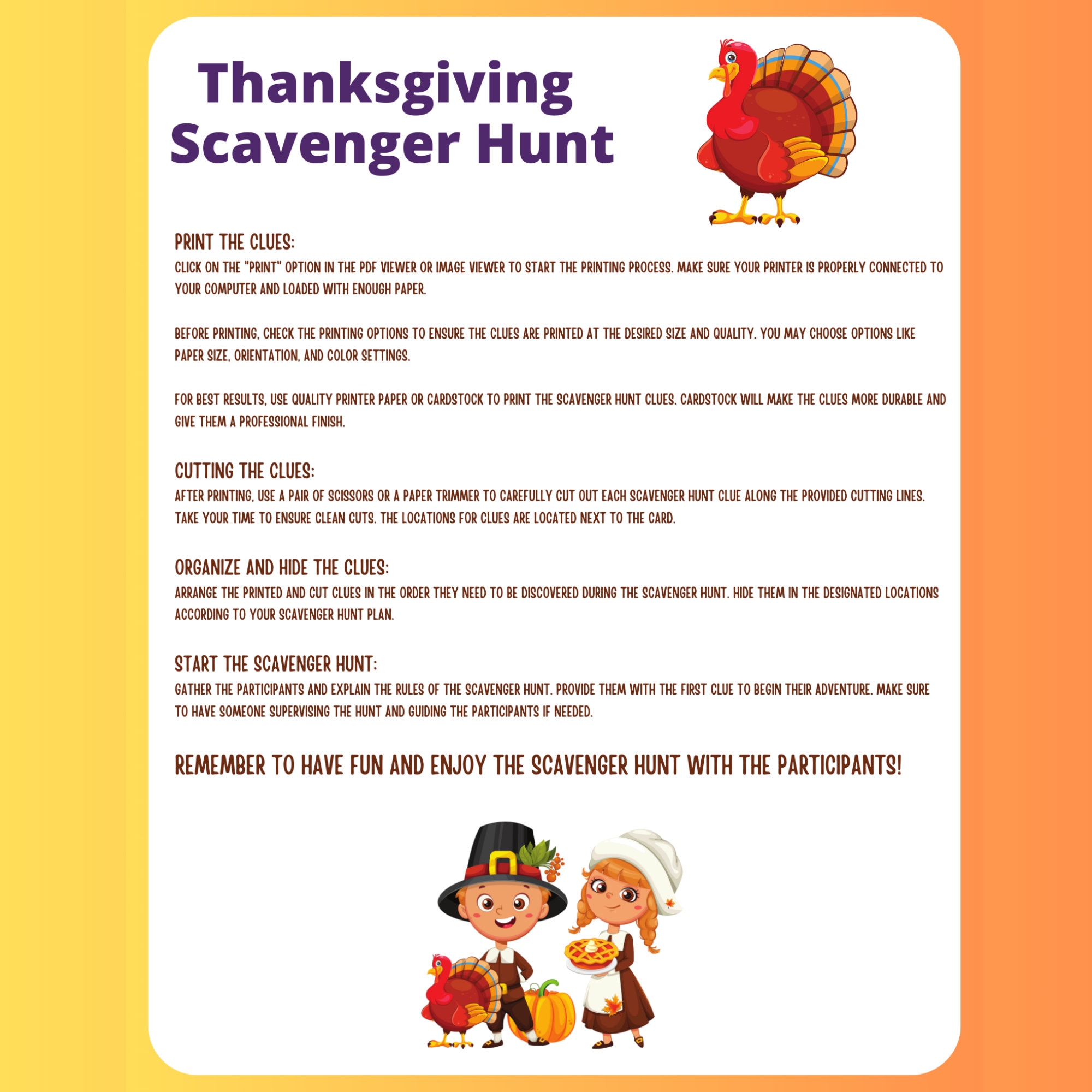 Thanksgiving Indoor Scavenger Hunt Cards, 40 Cards for Thanksgiving ...