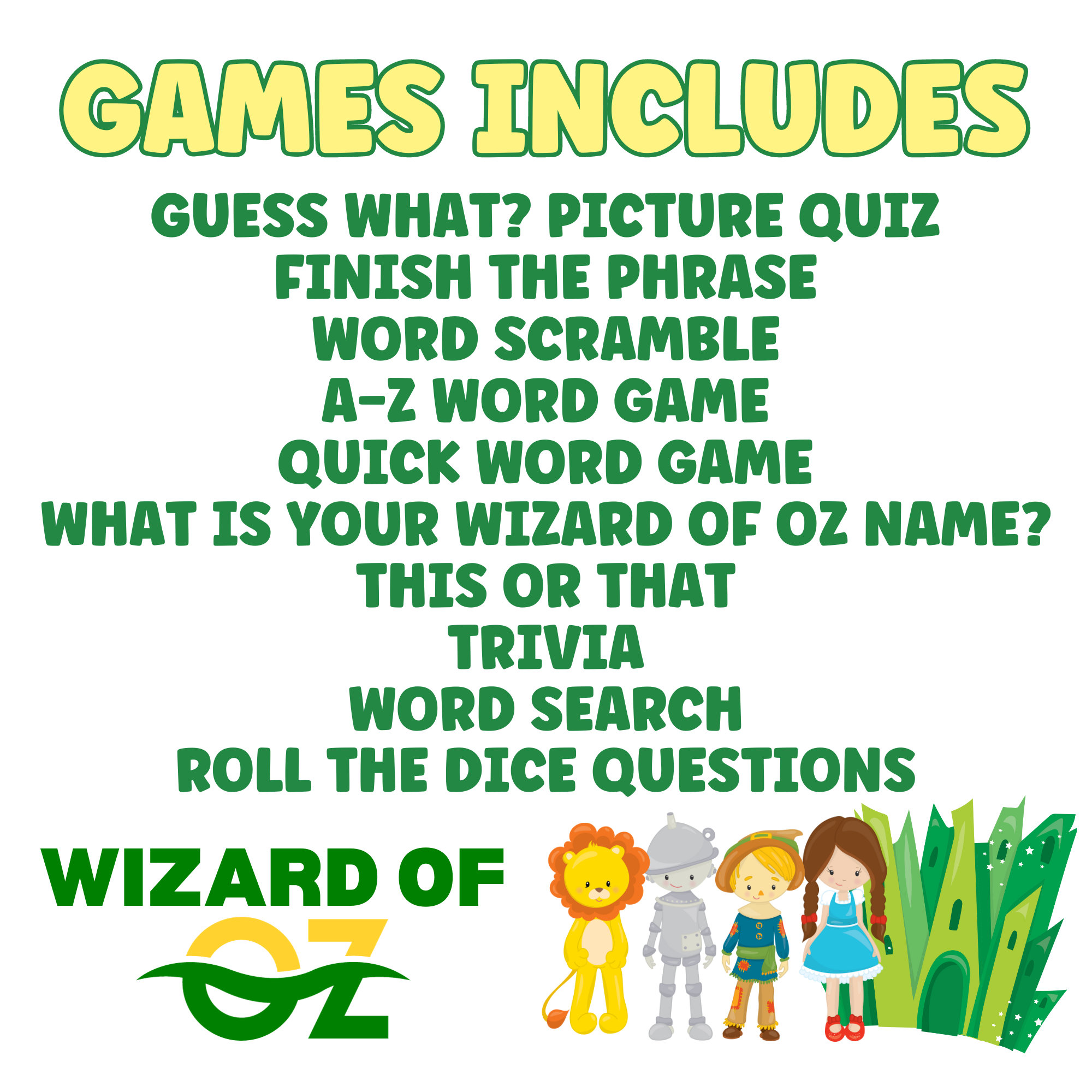 Wizard of Oz Game Bundle, Printable Party Games, Instant Download, Book ...