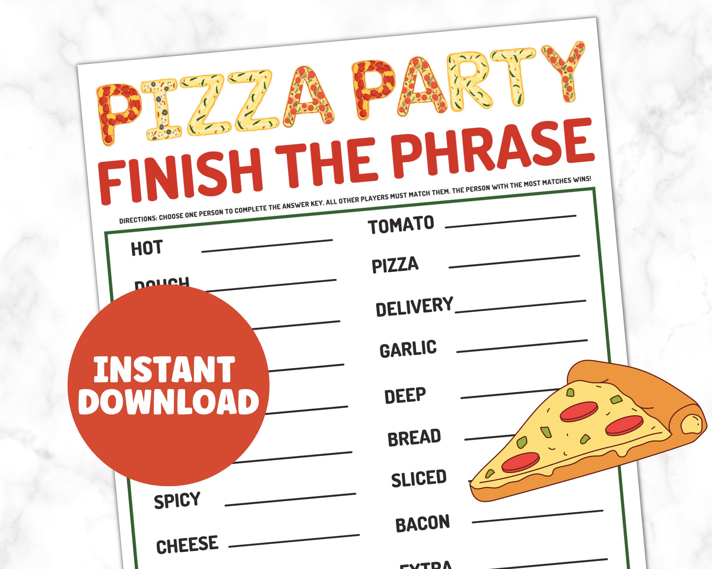 Pizza Party Game Bundle: Finish the Phrase (printable, Instant Download ...