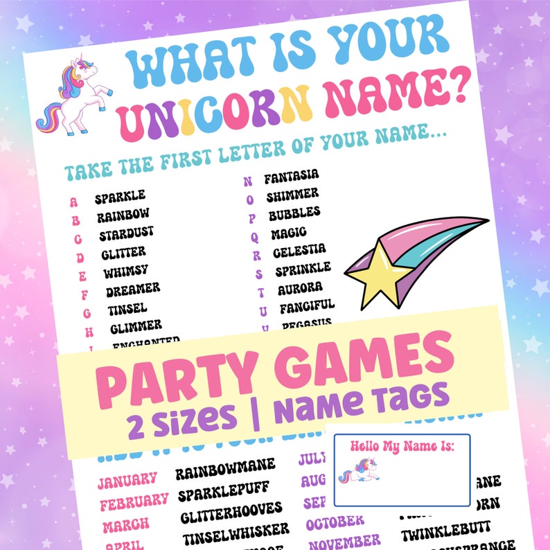 What is Your Unicorn Name, Kids & Adults, Birthday Party Activities ...
