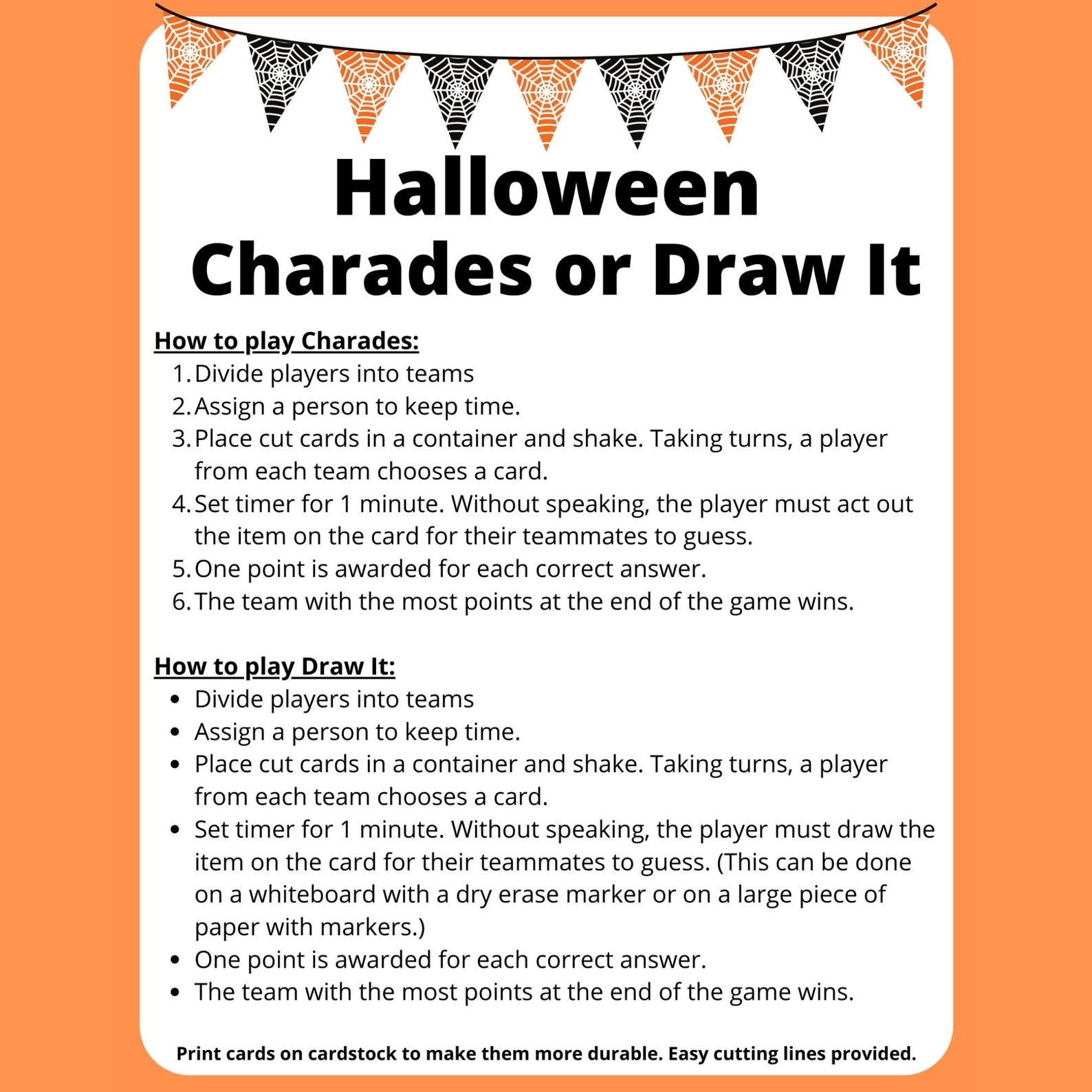 Halloween Charades or Draw It Cards: Family Game Night (printable PDF ...