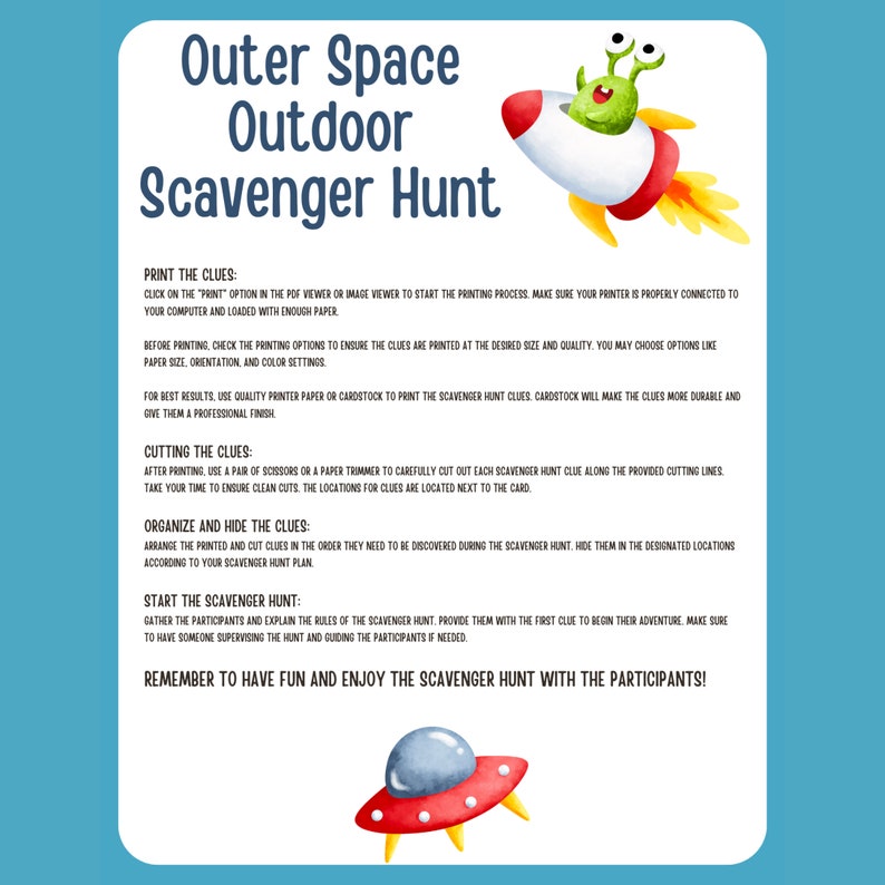 Outer Space Treasure Hunt, Scavenger Hunt Cards, Outdoor, Party Games ...