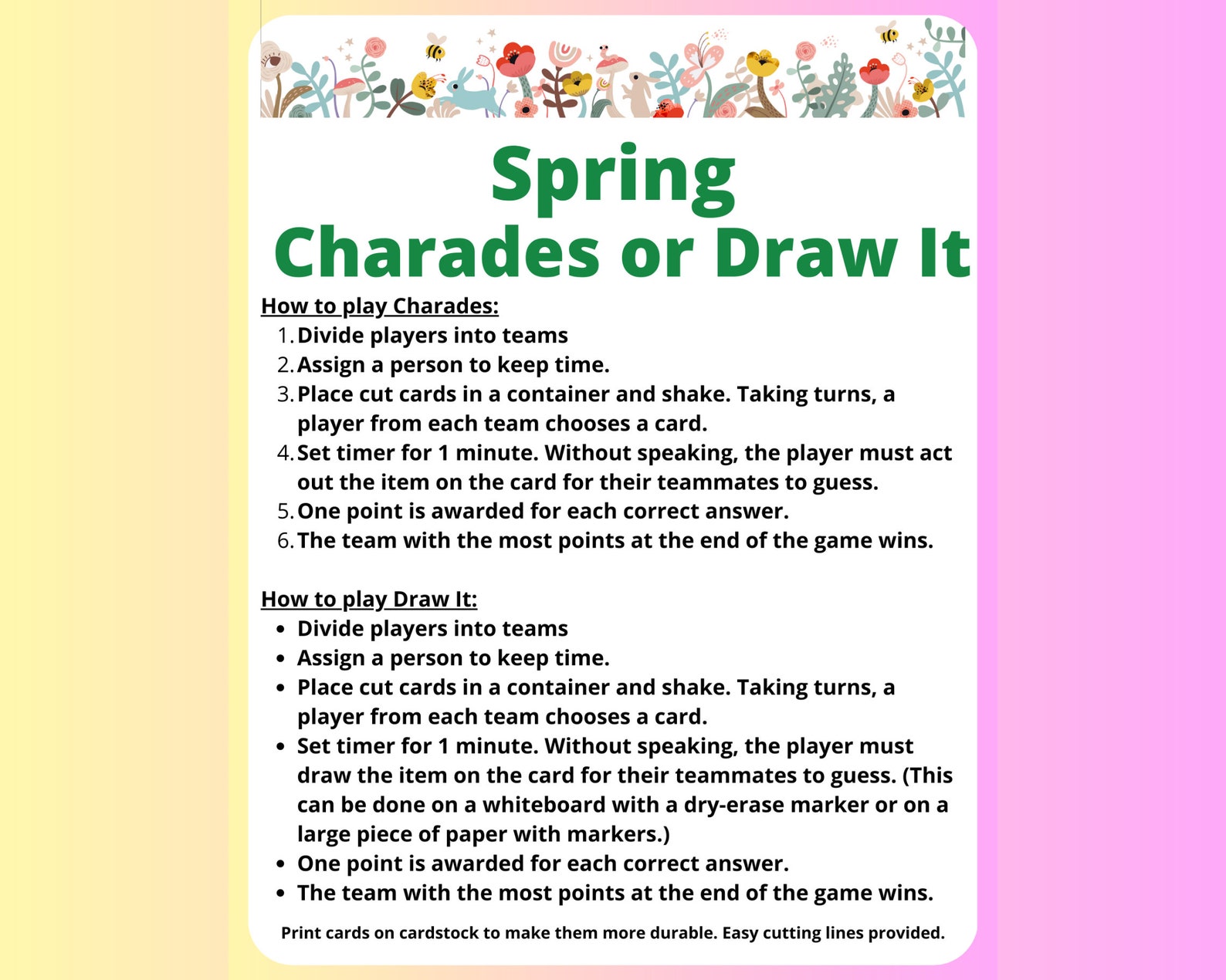 Spring Games | Charades or Draw It Cards | Classroom Activities ...