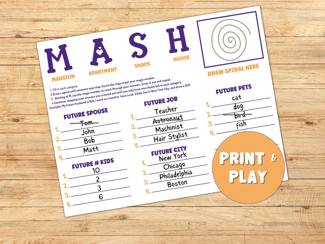 Slumber Party Games, Mash, Printable Party Game, Coloring, Birthday ...
