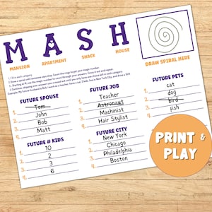 Slumber Party Games, Mash, Printable Party Game, Coloring, Birthday ...