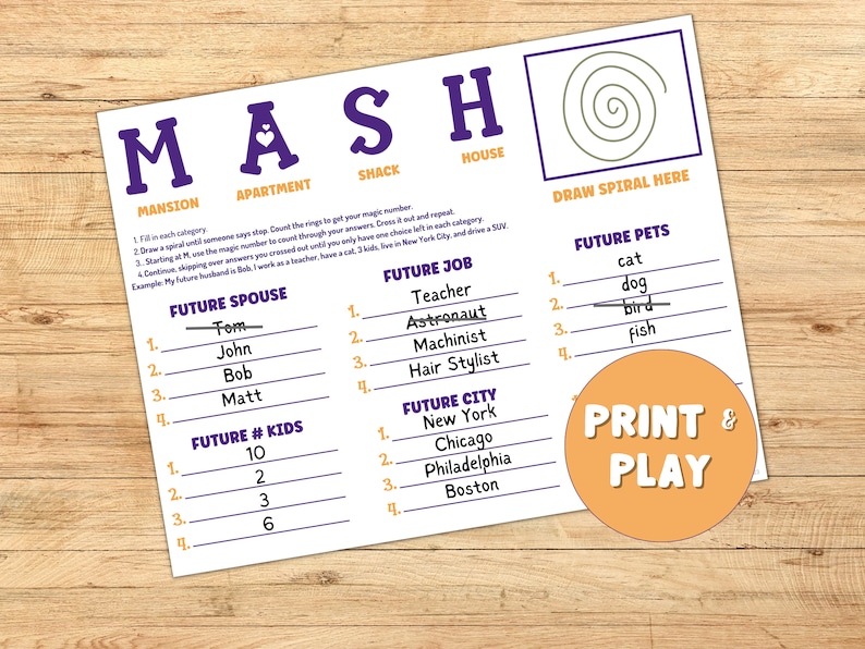 Slumber Party Games, Mash, Printable Party Game, Coloring, Birthday ...