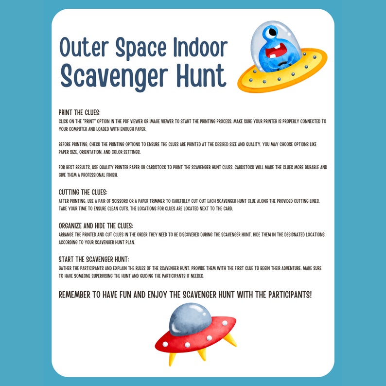 Outer Space Treasure Hunt, Scavenger Hunt Cards, Indoor, Party Games ...