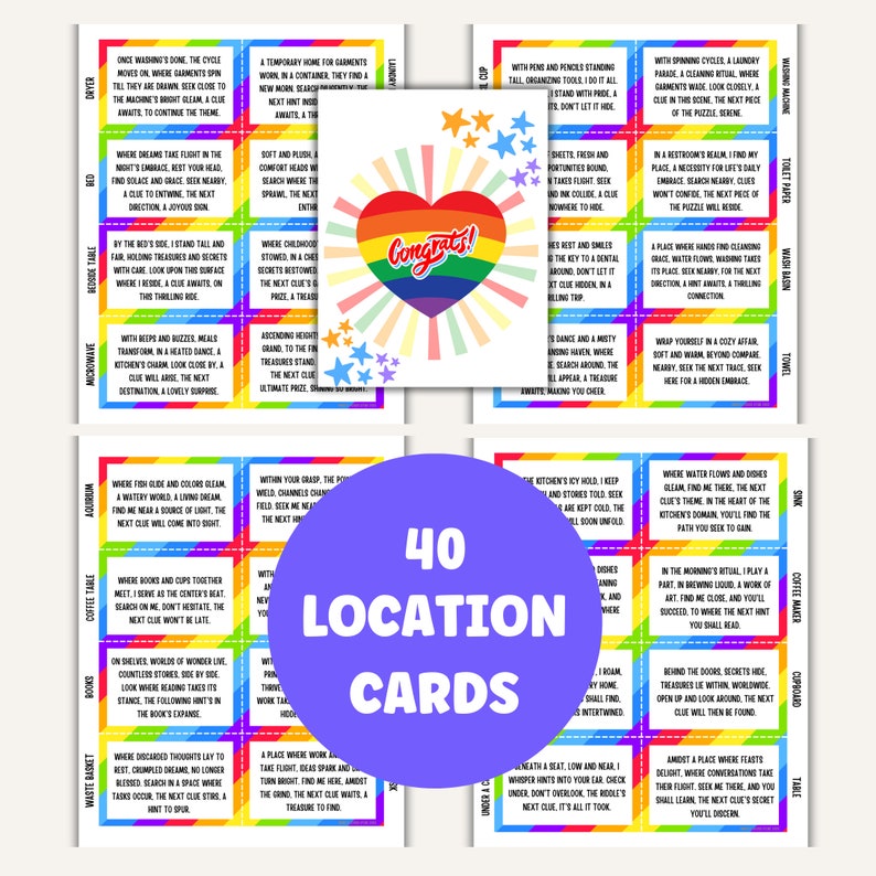 Rainbow Treasure Hunt Cards: 80 Colorful Riddle Clues (instant Download ...
