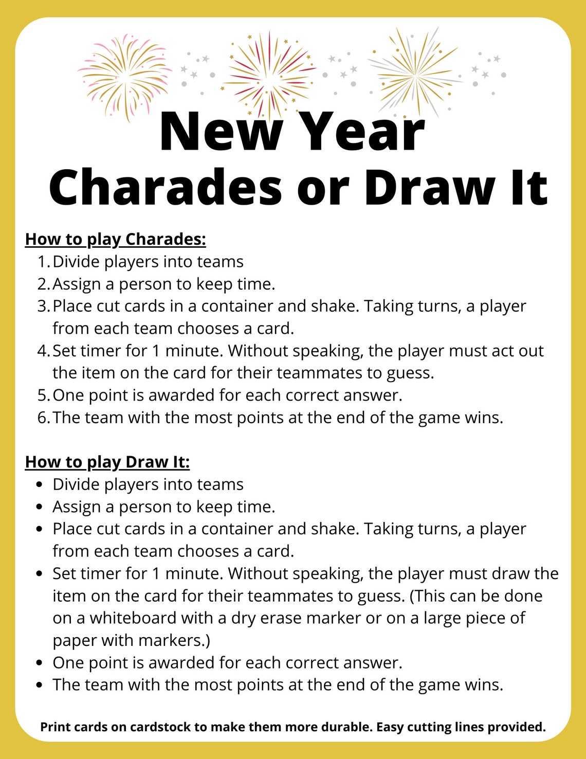 New Year's Eve Charades or Draw It Cards Instant Digital Download ...