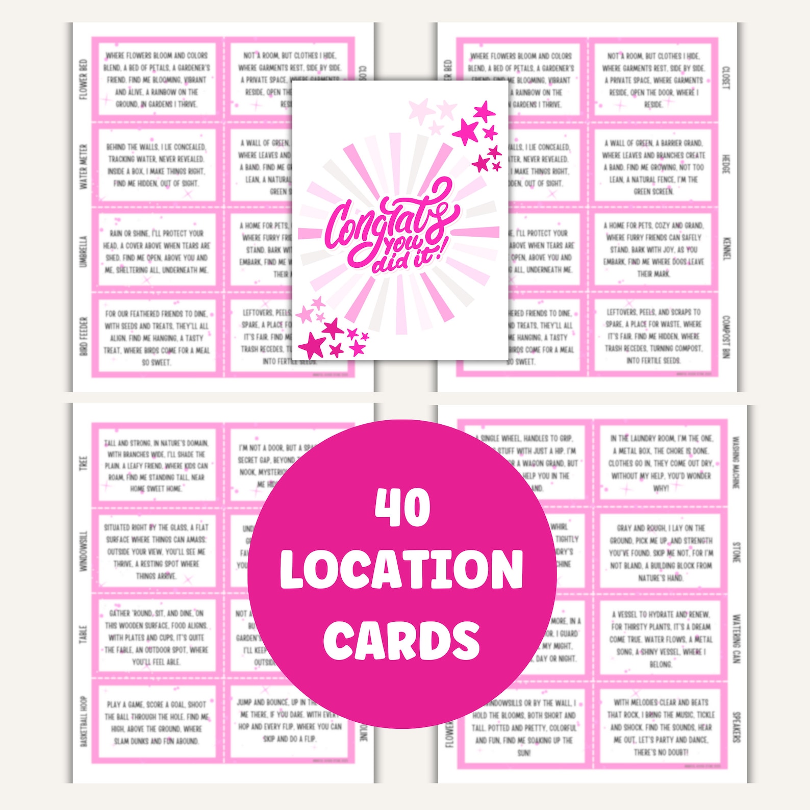 Pink Treasure Hunt, Scavenger Hunt Cards, Indoor, Outdoor, Baby Shower ...