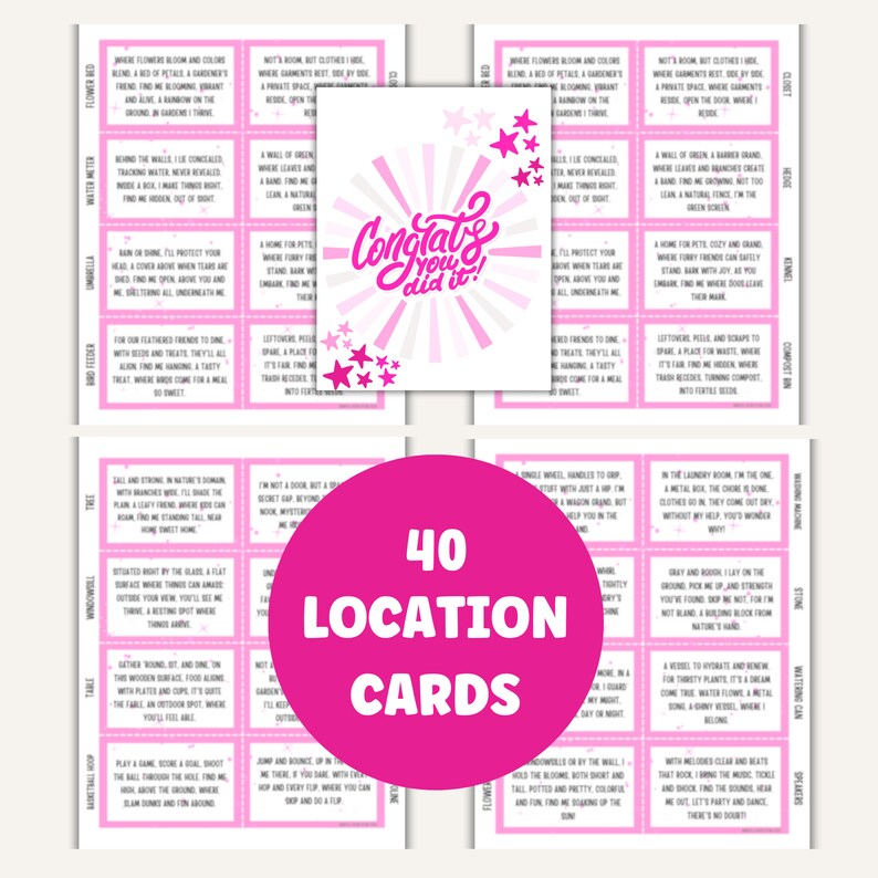 Pink Treasure Hunt, Scavenger Hunt Cards, Indoor, Outdoor, Baby Shower ...