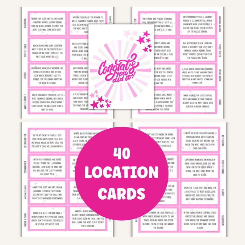 Pink Treasure Hunt, Scavenger Hunt Cards, Indoor, Outdoor, Baby Shower ...