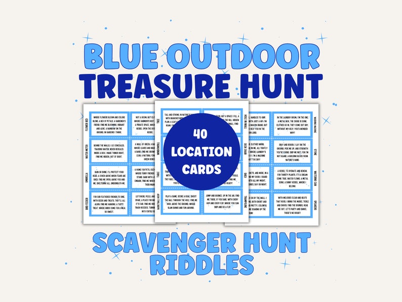 Blue Scavenger Hunt, Treasure Hunt Cards, Outdoor, Shower, Birthday ...