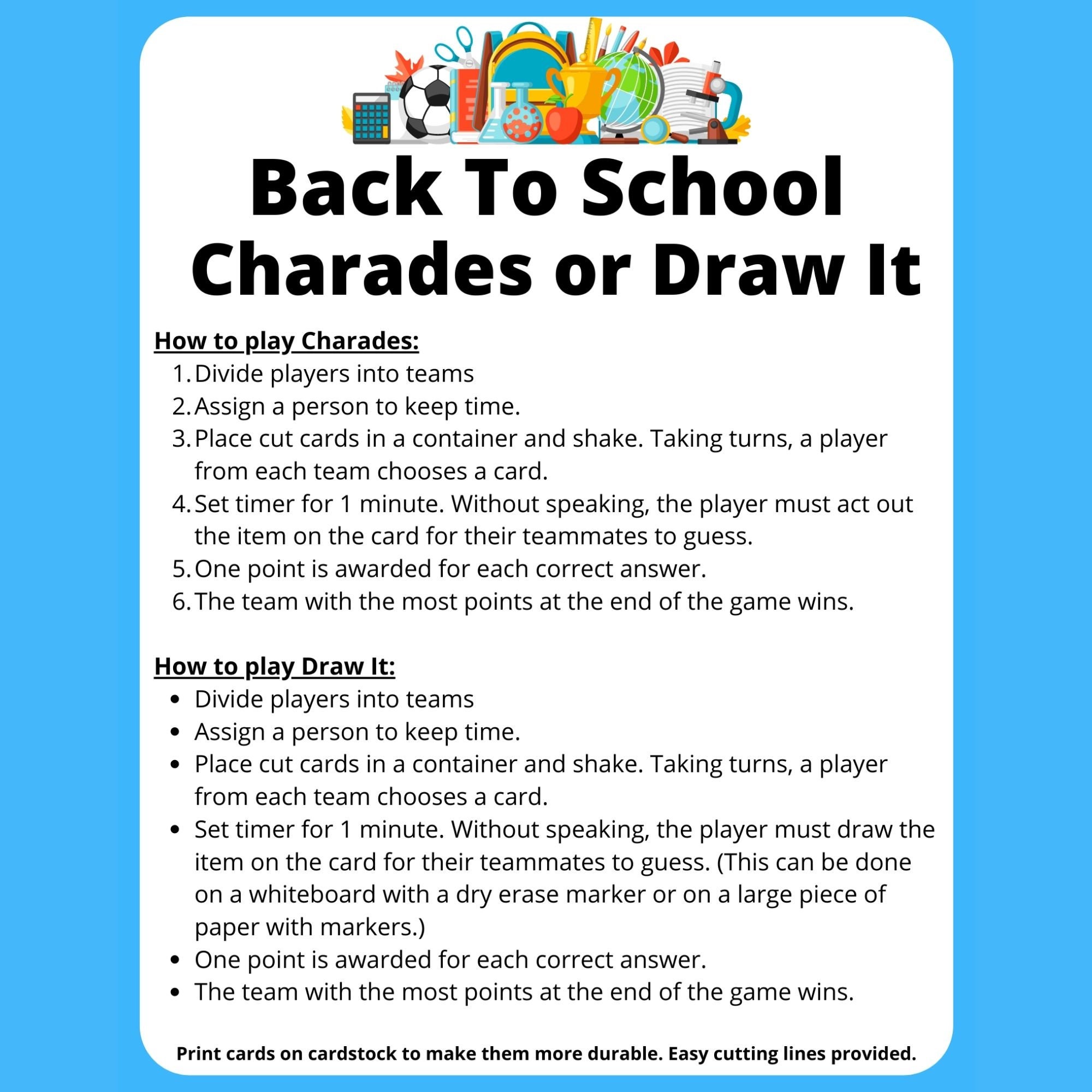 Back to School Charades or Draw It Cards | Instant Digital Download ...