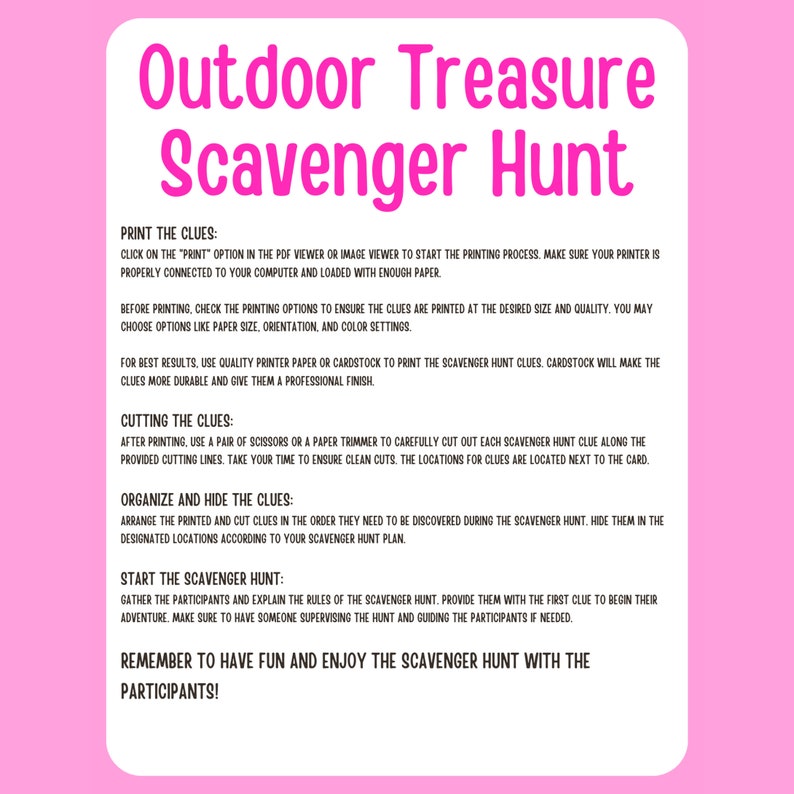 Pink Scavenger Hunt Cards: Indoor & Outdoor Treasure Hunt (instant ...