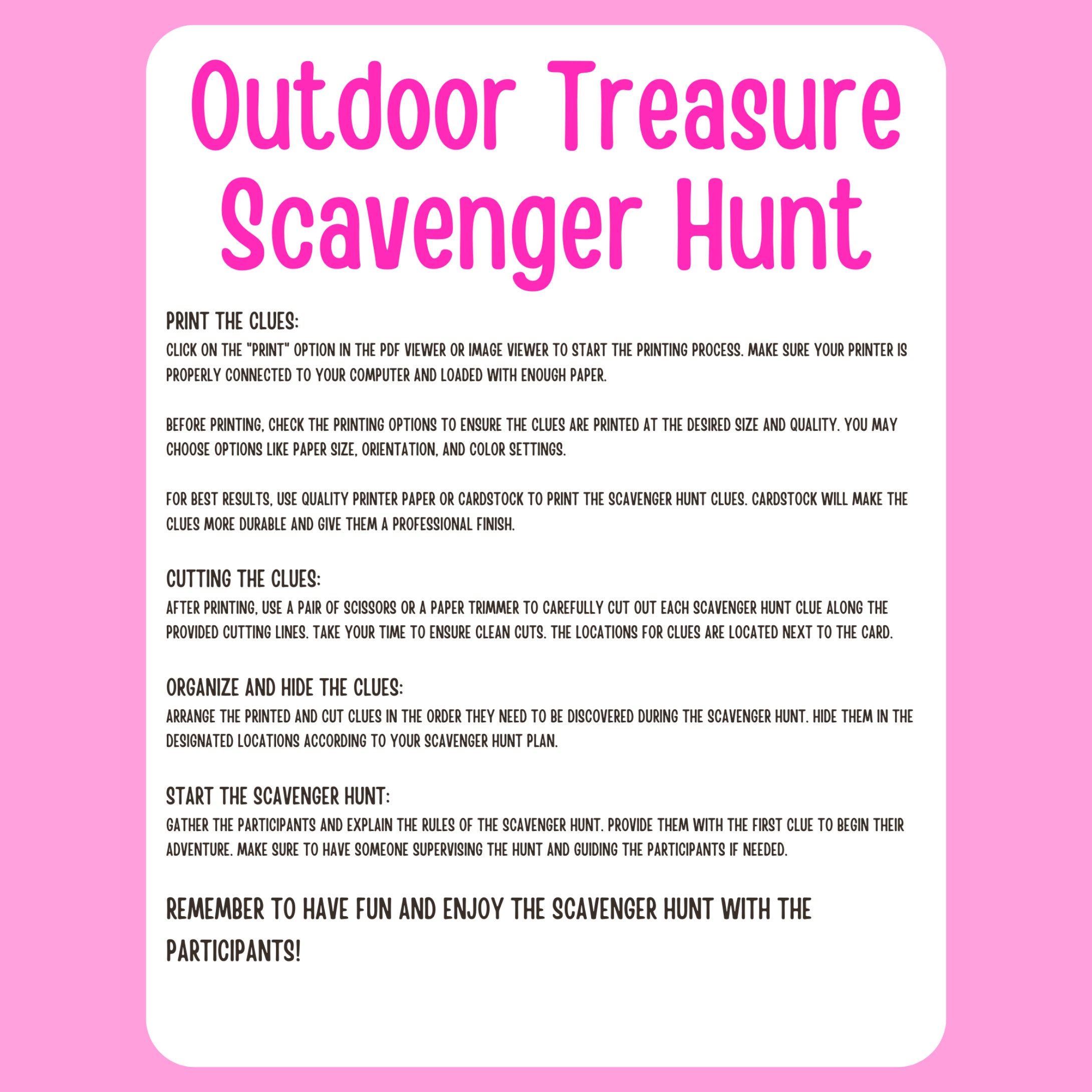 Pink Treasure Hunt, Scavenger Hunt Cards, Indoor, Outdoor, Baby Shower ...